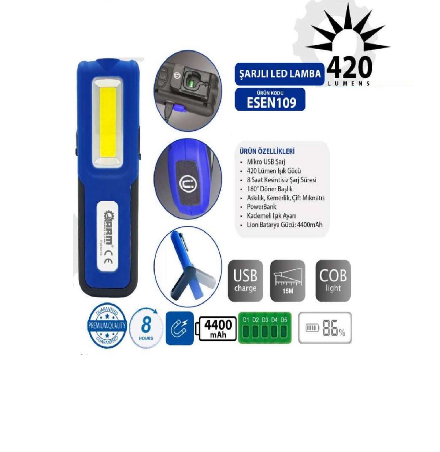 ARM Şarjlı Led Lamba Mıknatıslı Fener 420 Lümen ESEN109 Rico ...